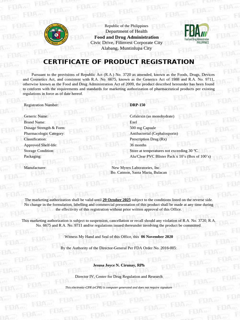 CPR Cefalexin (Exel) 500mg Caps (Drp-150) | PDF | Food And Drug ...