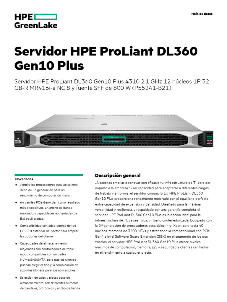 Servidor - Hpe Proliant Dl360 Gen10 Plus 4310 2.1ghz 12-Core | PDF | Computación en la nube ...
