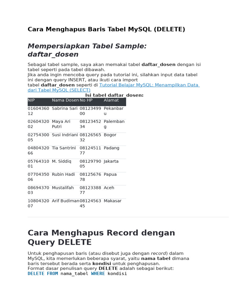 Cara Menghapus Baris Tabel MySQL | PDF