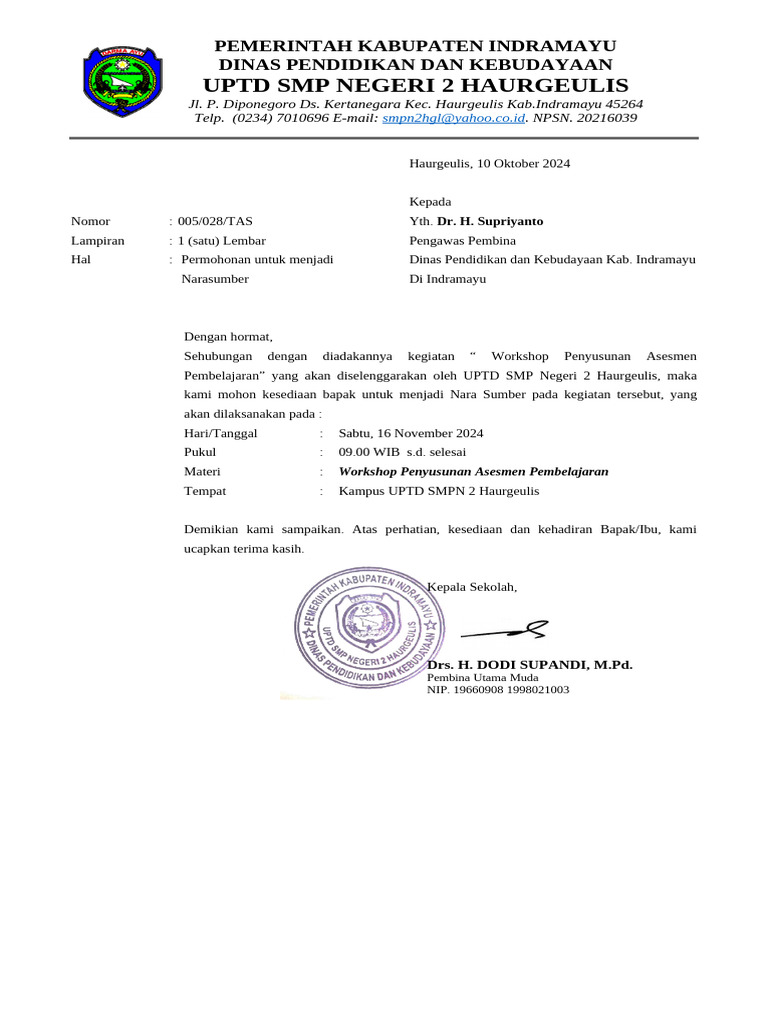 Surat Permohonan Narsum Workshop Nop 2024 | PDF
