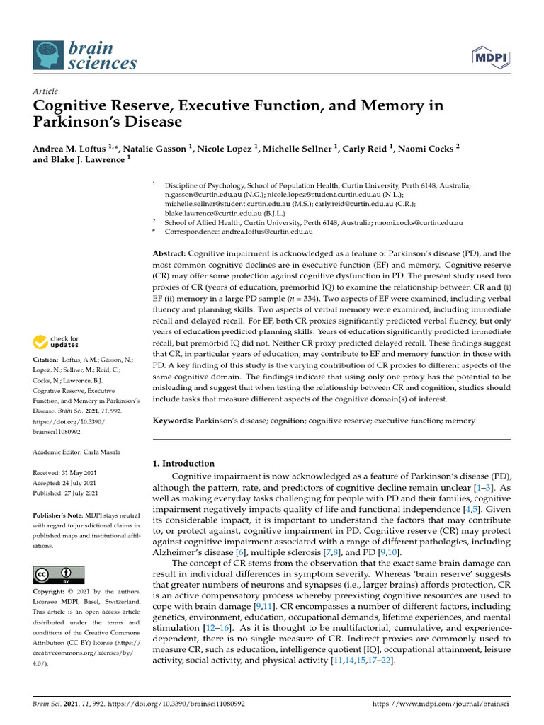 Cognitive Reserve, Executive Function, and Memory in | PDF | Recall (Memory) | Intelligence Quotient