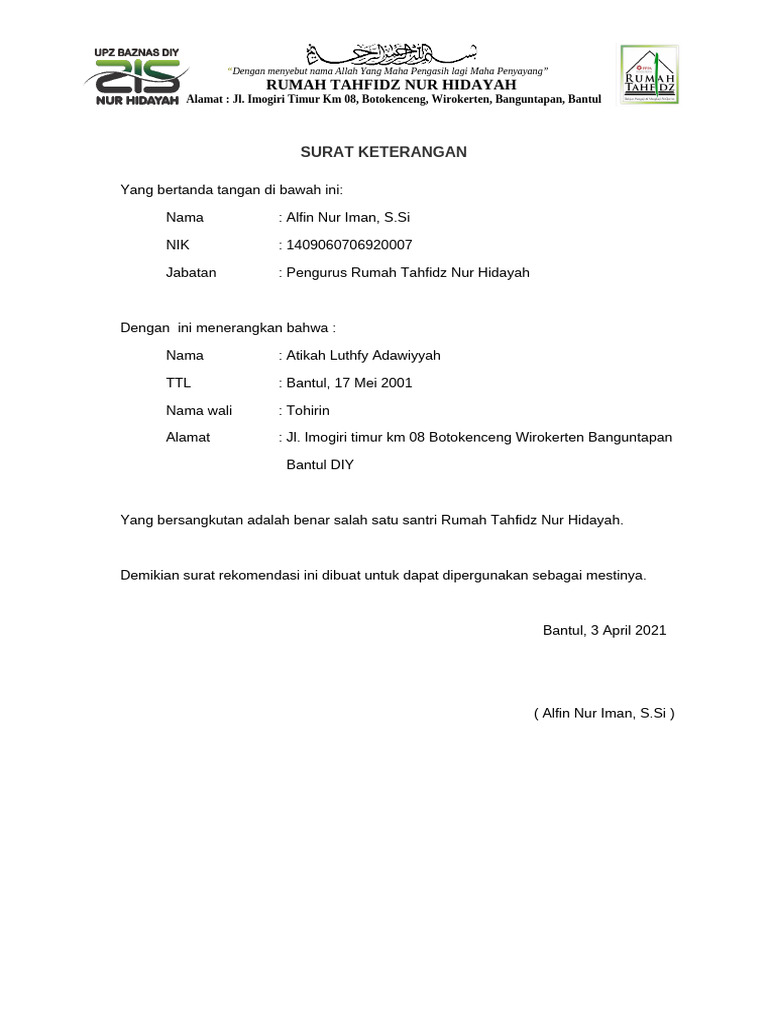 Surat Rekomendasi Santri RTNH | PDF