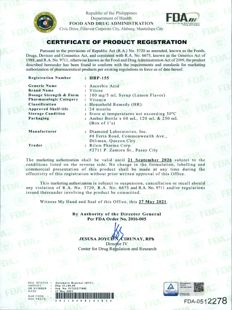 CPR Ascorbic (Vitcee) 100mg-5mL Syrup (SEPT 2026) | PDF