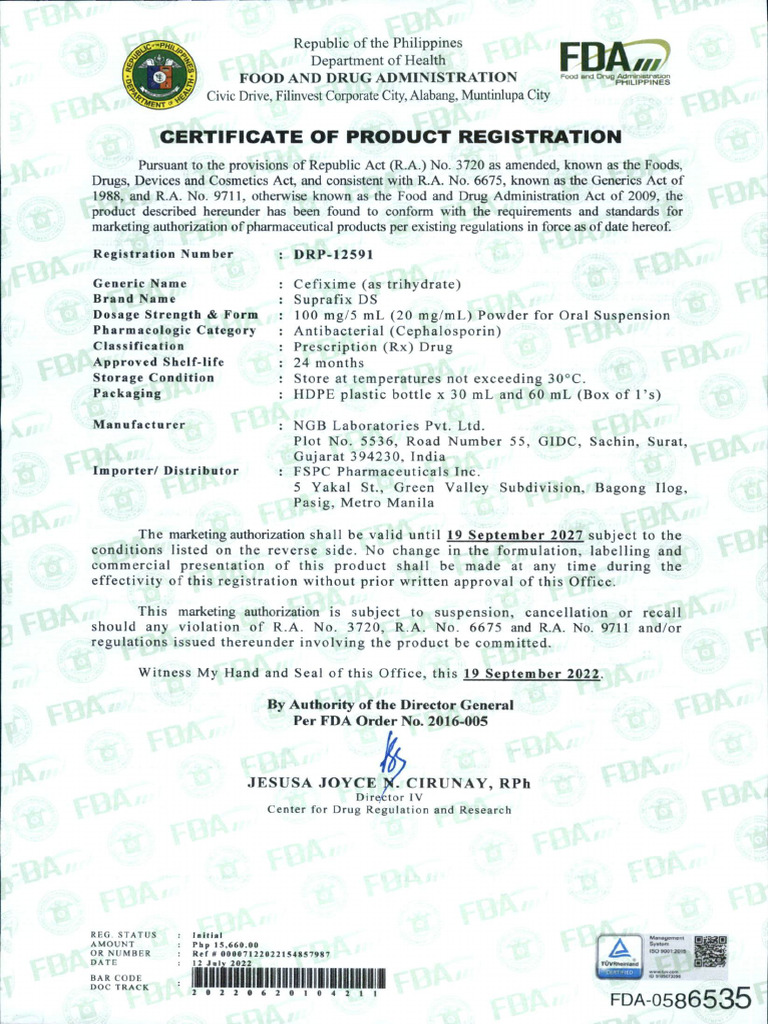 Cefixime 100mg Susp (Suprafix DS) 9-19-27 | PDF | Business | Finance ...