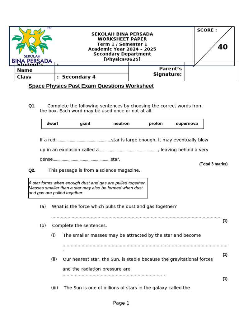 Space physics worksheet | PDF | Stars | Sun