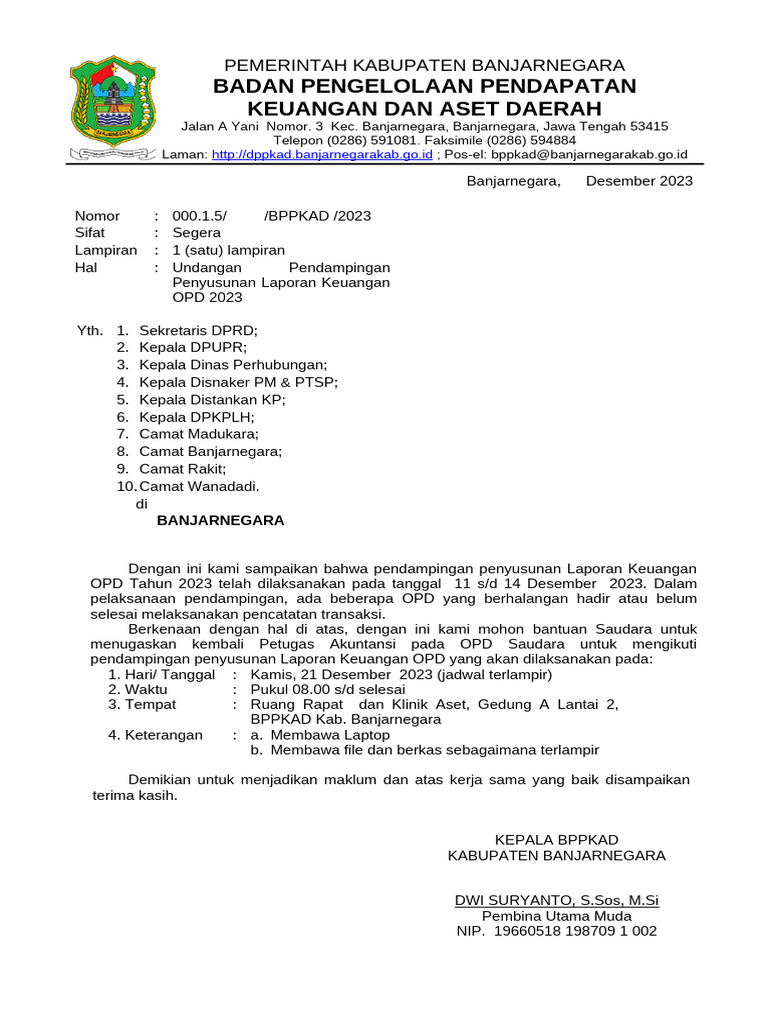 Surat Undangan Pendampingan Penyusunan LK OPD 2023 Rev | PDF