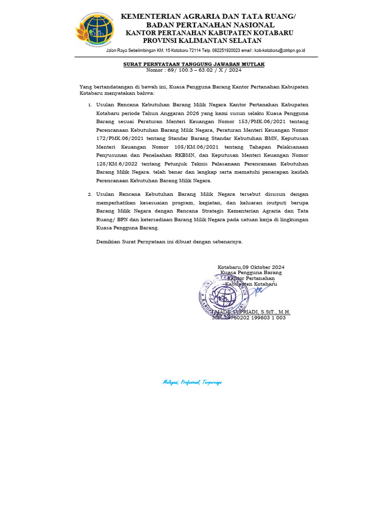 Contoh Surat SPTJM Kotabaru | PDF | Pengelolaan Keuangan & Uang