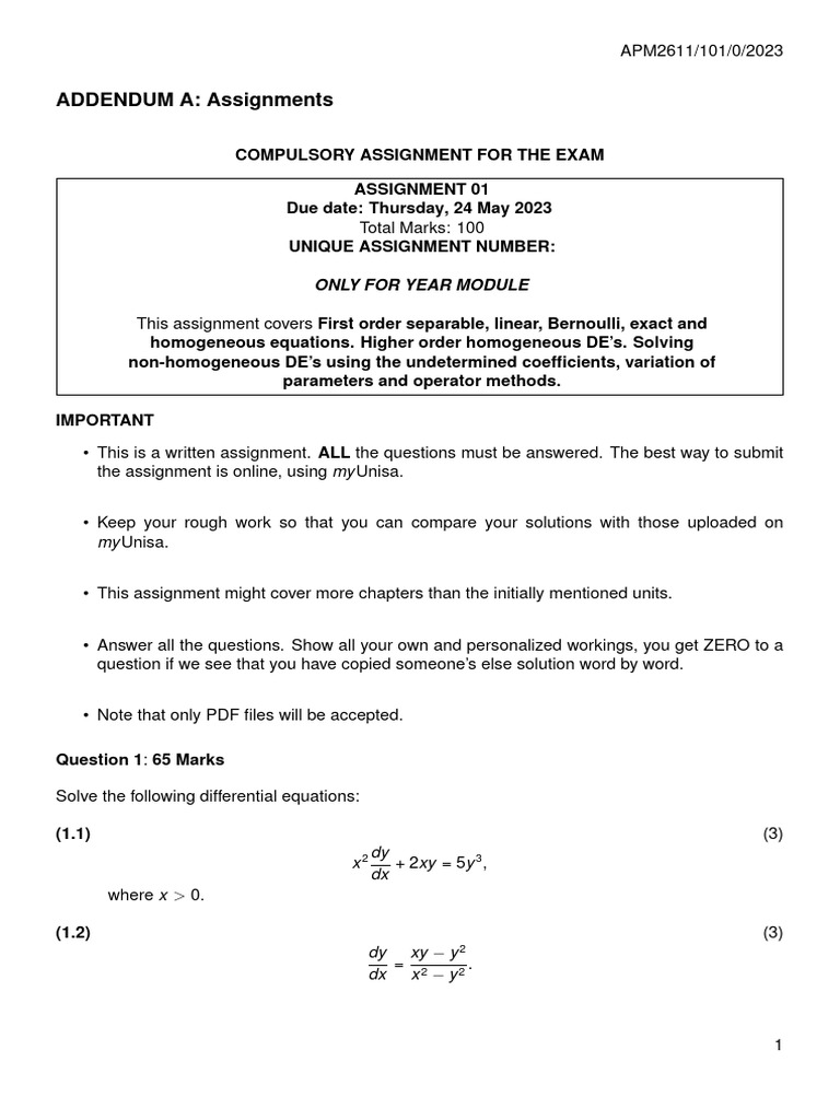 Assignment1 APM2611 2023 | PDF | Equations | Mathematics