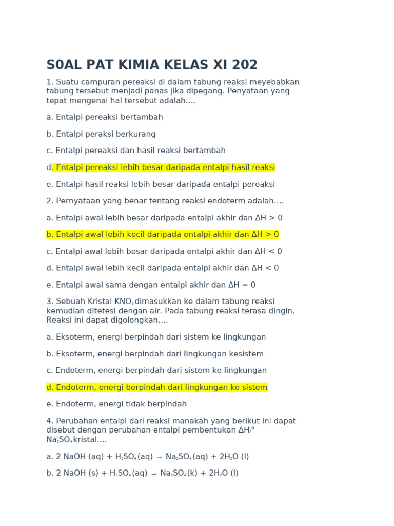 Soal PAT Kimia XI 2024 Untuk Siswa | PDF