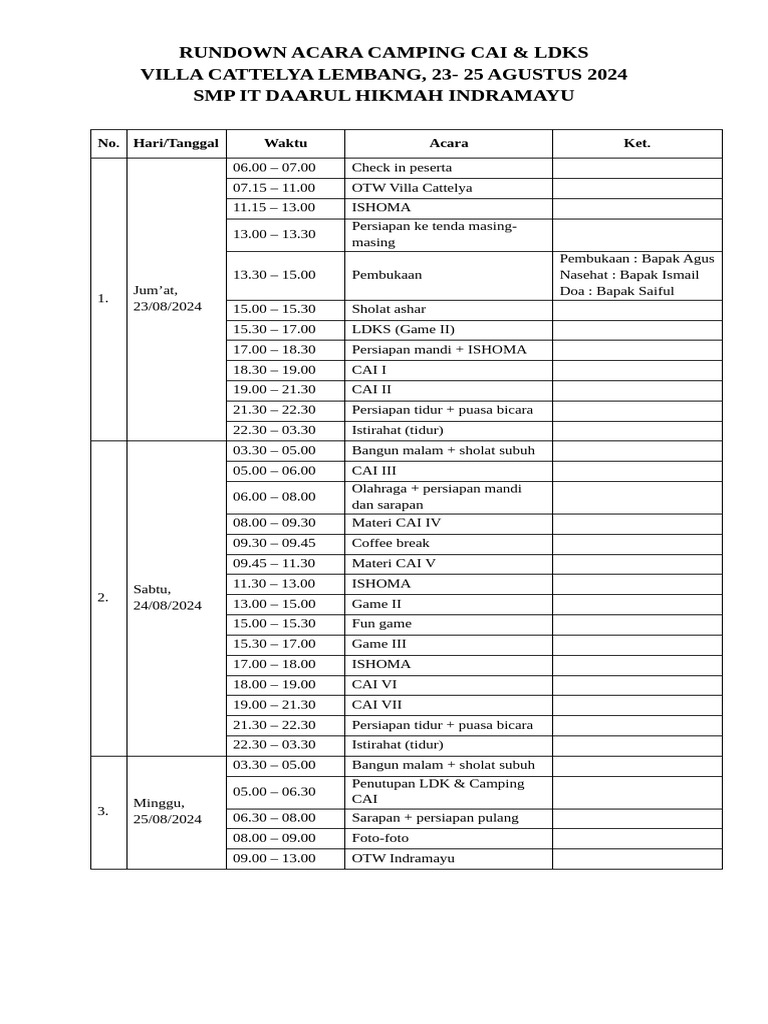 Rundown Acara Camping Cai & LDKS | PDF