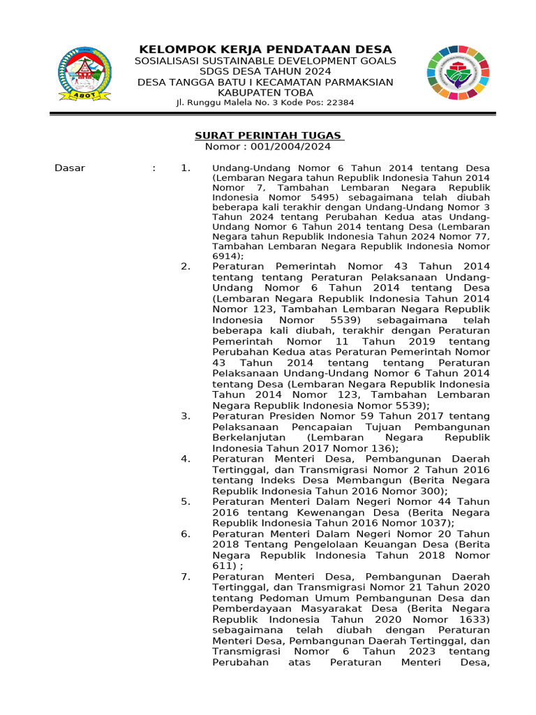 Tugas Pendataan SDGs Desa 2024 Toba | PDF