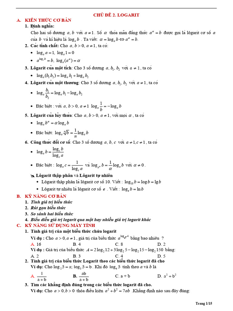 Tóm tắt lý thuyết và bài tập trắc nghiệm logarit | PDF