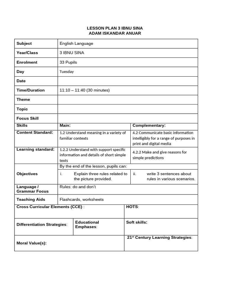 YEAR 3 Lesson Plan (Listening) (Rules) | PDF | Lesson Plan | Learning