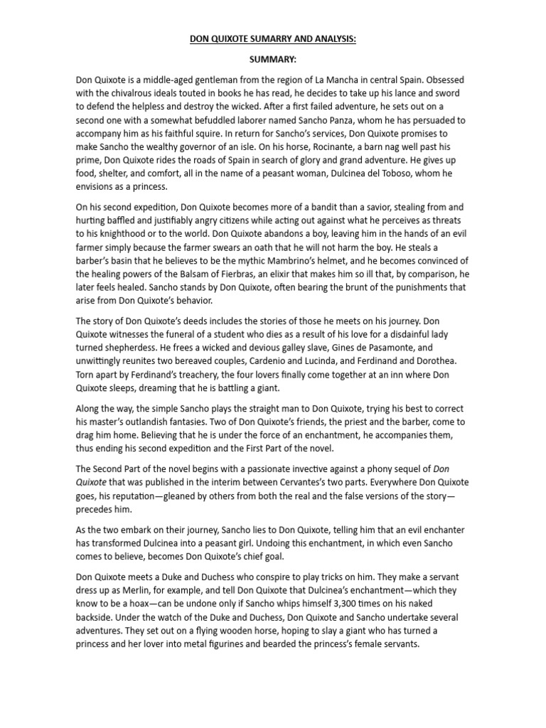 Don Quixote Summary & Analysis | PDF | Don Quixote | Spanish Novels