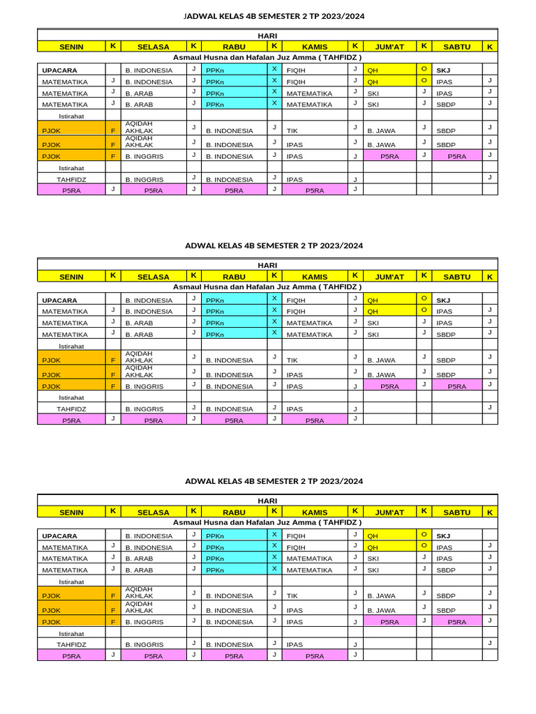 Jadwal Kelas 4B Semester 2 2023/2024 | PDF