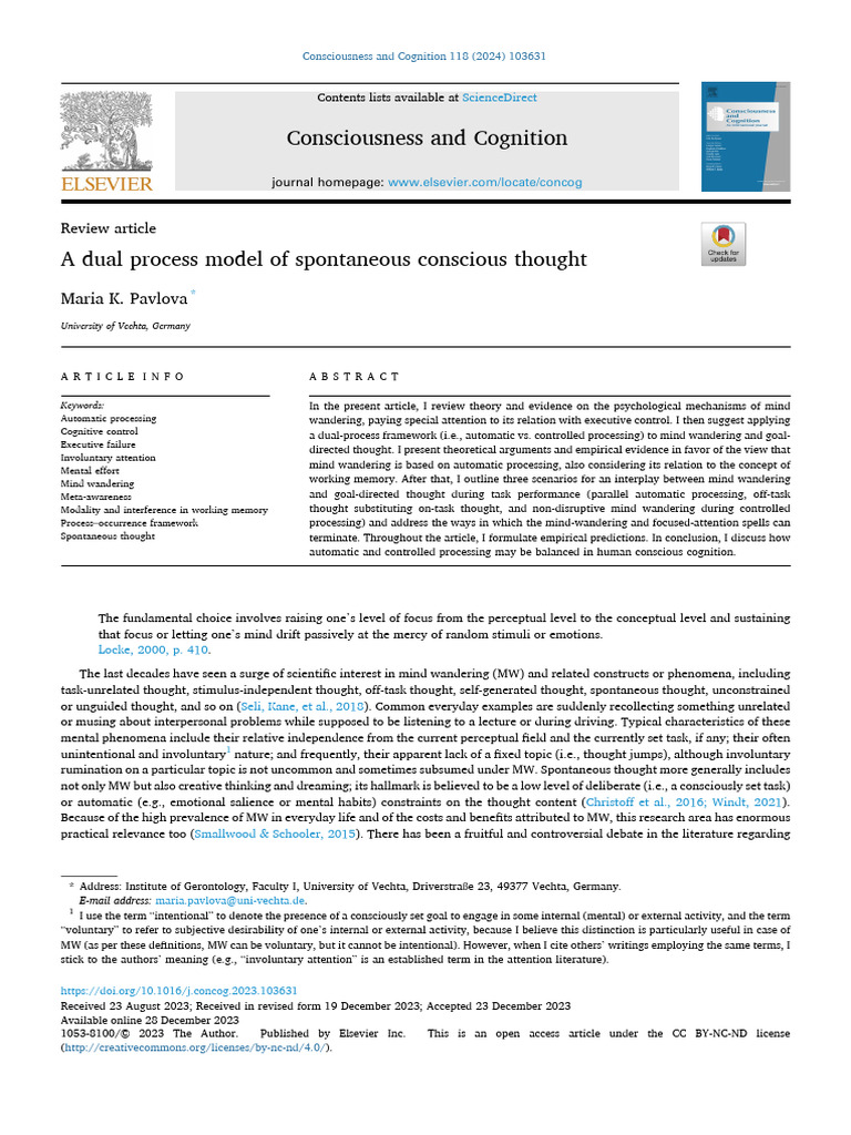 A Dual Process Model of Spontaneous Conscious Thought | PDF | Thought ...