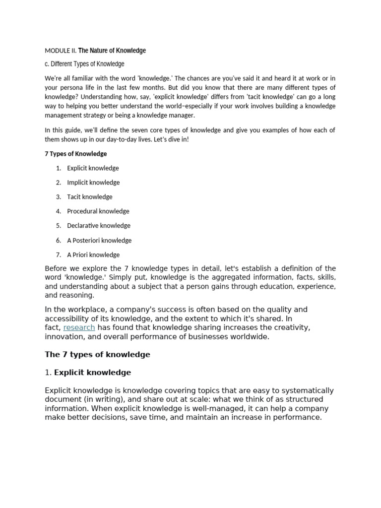 MODULE II Different Types of Knowledge | PDF | Knowledge | Tacit Knowledge