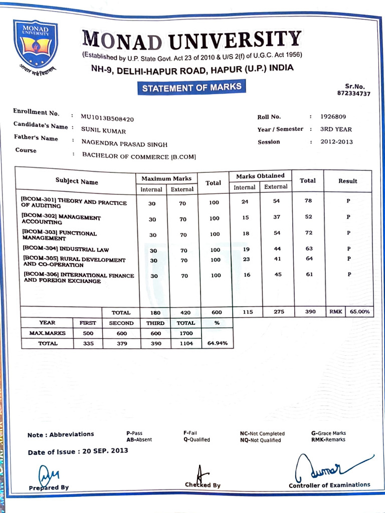 Monad University B.Com Marks Statement | PDF | Business Economics ...