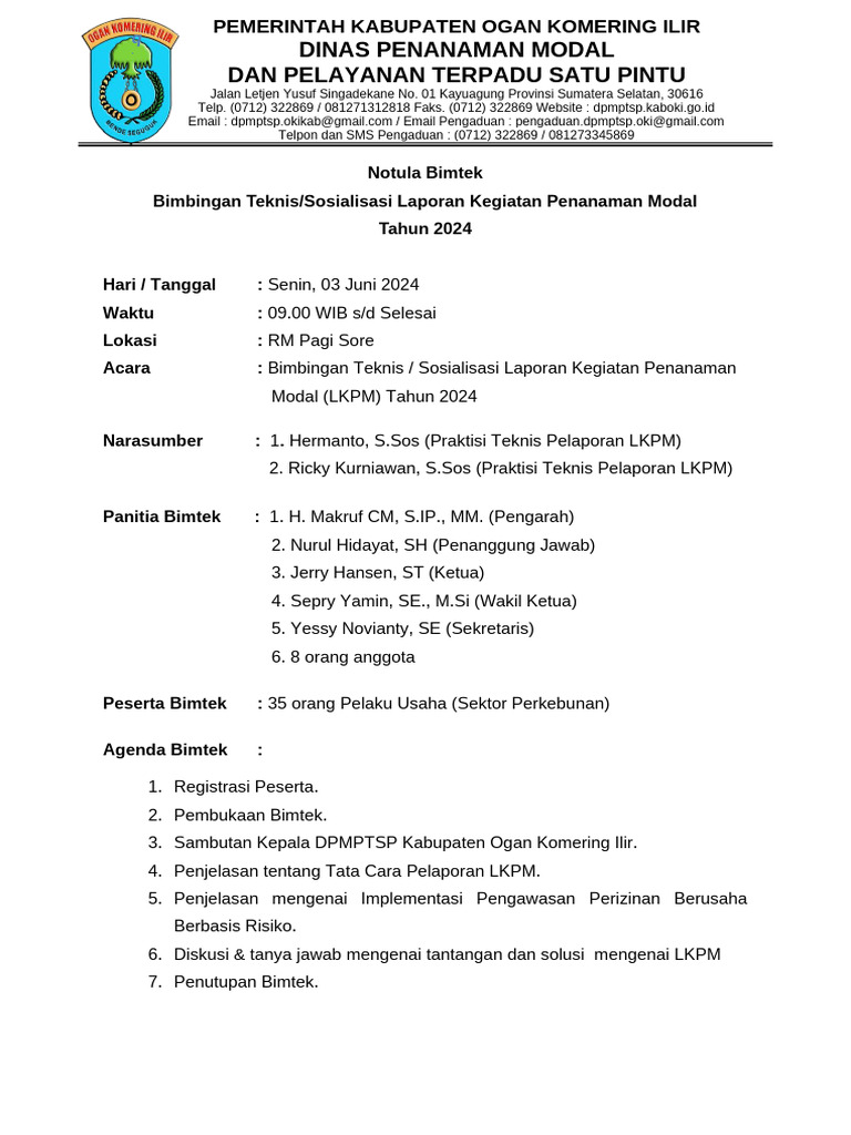 Notulen Rapat BIMTEK LKPM Dan Perizinan Berusaha TH 2024 3,4,5 Juni | PDF Notulen Rapat BIMTEK LKPM Dan Perizinan Berusaha TH 2024 3,4,5 Juni | PDF