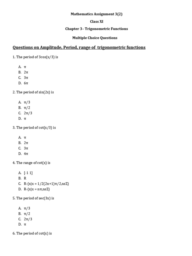 Trigonometric Function-classXI - Chapter3-Second Assignment | PDF | Trigonometric Functions ...