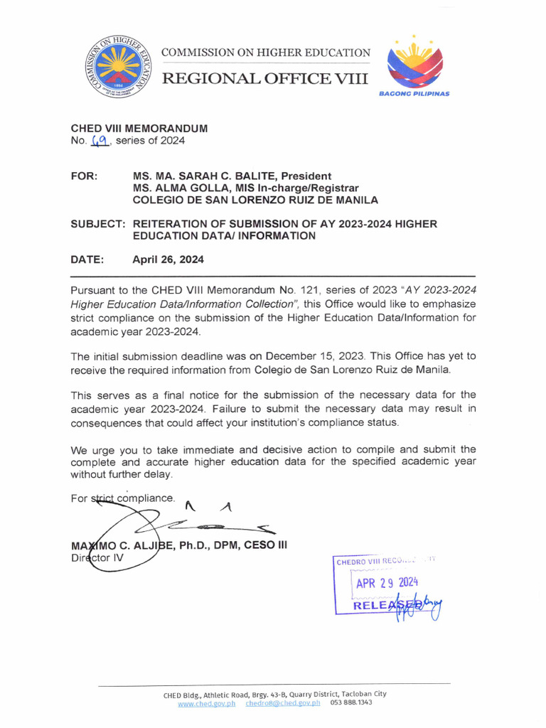 Chedro Viii Memorandum No. 69 Series 2024 Reiteration of Submission of ...