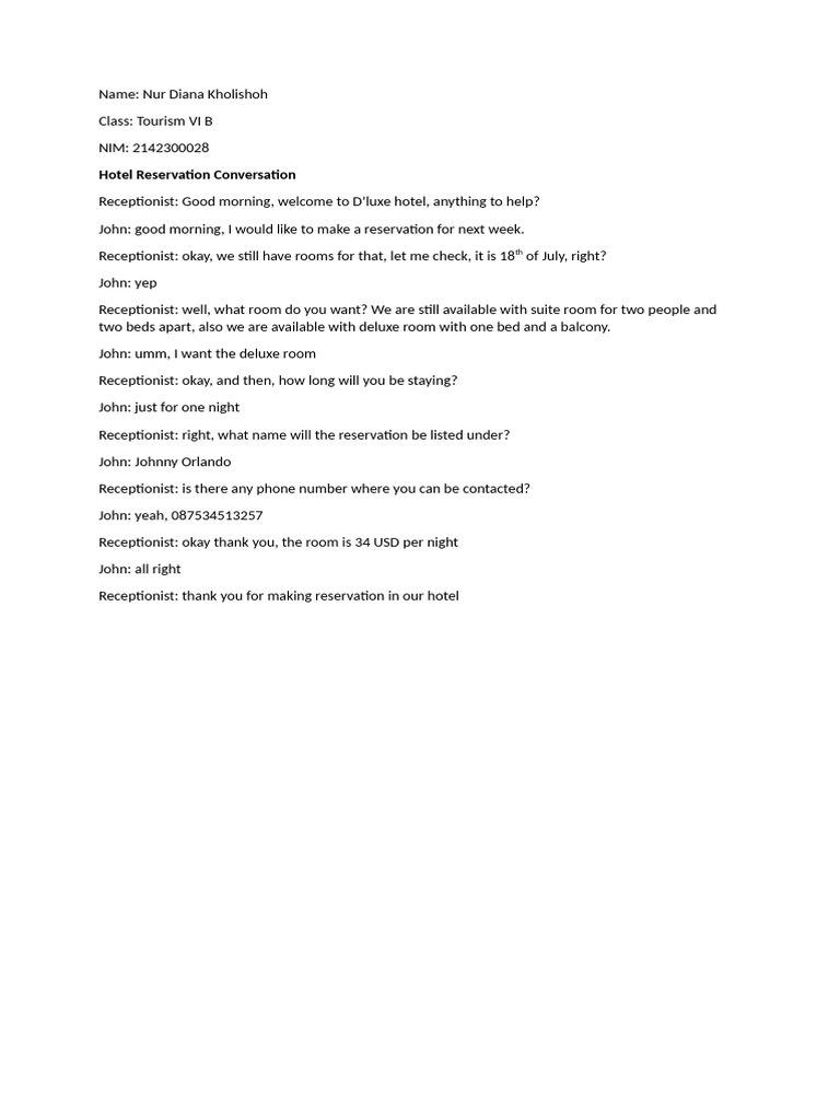 Hotel Reservation Dialogue Example | PDF