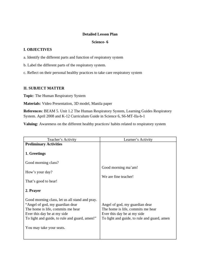 Lesson Plan: Human Respiratory System | PDF | Respiratory Tract | Breathing