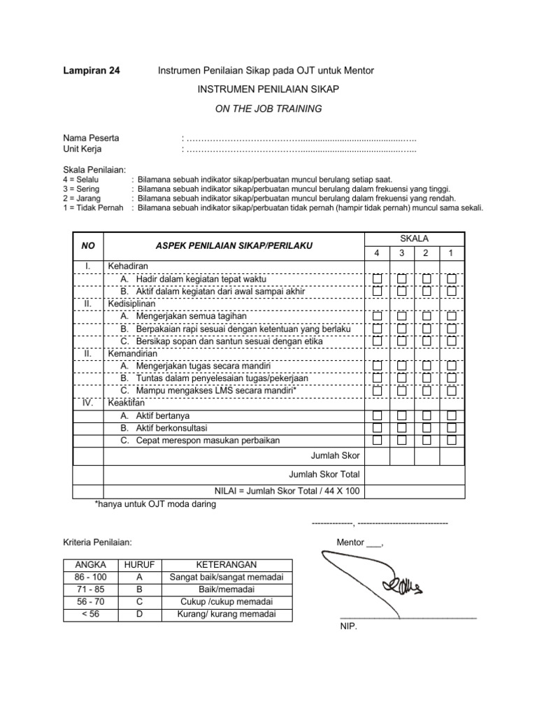 Instrumen Penilaian Sikap Pada OJT Untuk Mentor | PDF