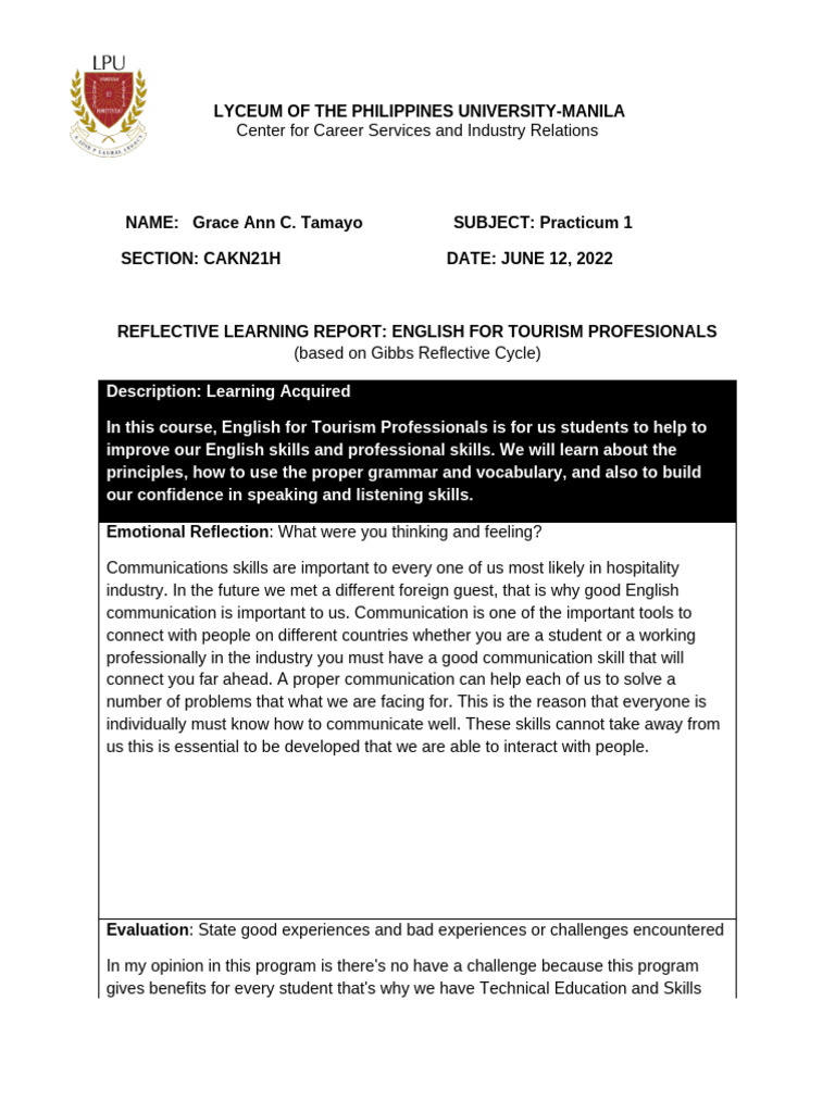 Reflective Report on English for Tourism | PDF | Communication | Learning