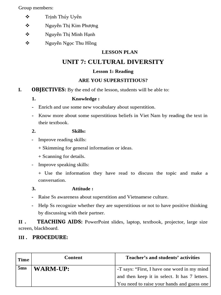 Lesson Plan - E10 - Unit 7 - Reading - Nhóm 2 | PDF | Superstitions | Luck