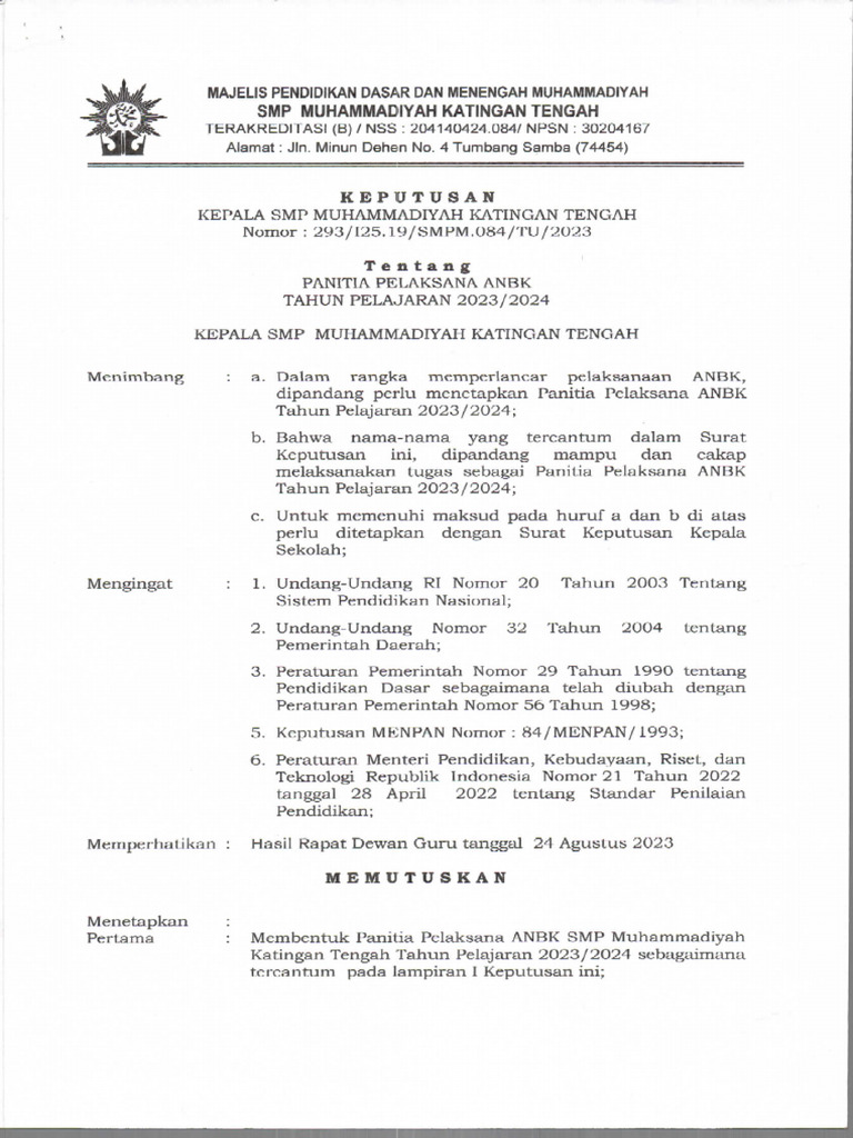 SK Panitia Pelaksanaan ANBK | PDF