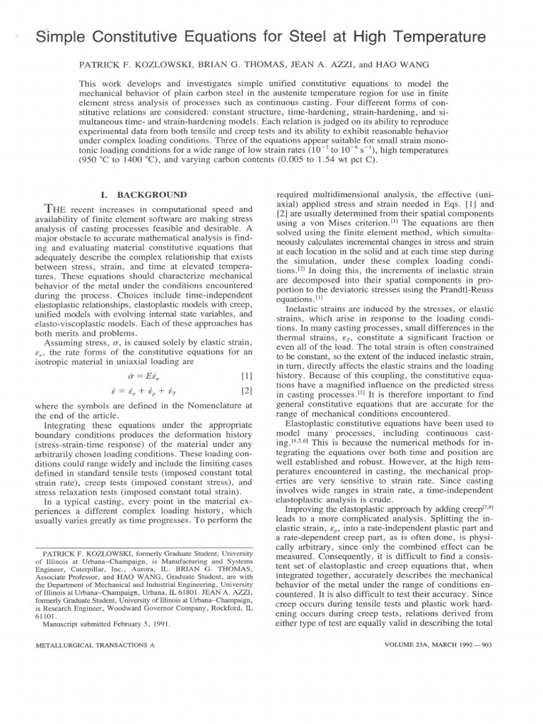92 - Simple Constitutive Equations For Steel at High Temperature | PDF
