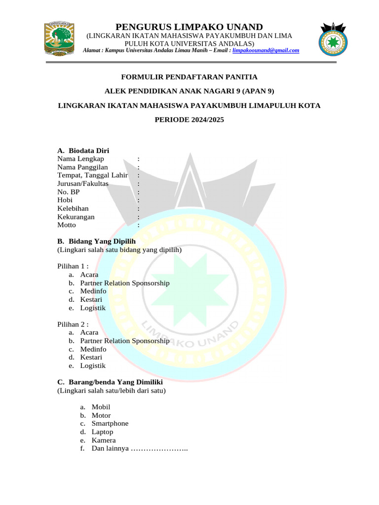 Formulir Pendaftaran Panitia APAN 9 | PDF