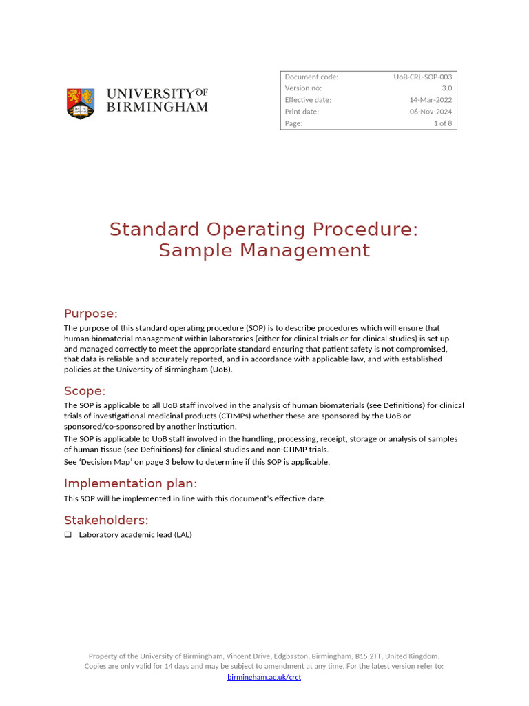 Uob CRL Sop 003 Sample Management v3.0 | PDF | Clinical Trial ...