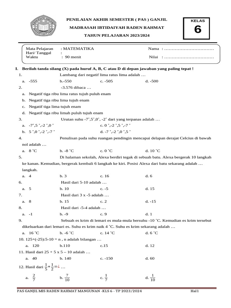 Naskah Soal Pas Kelas 6 MTK | PDF