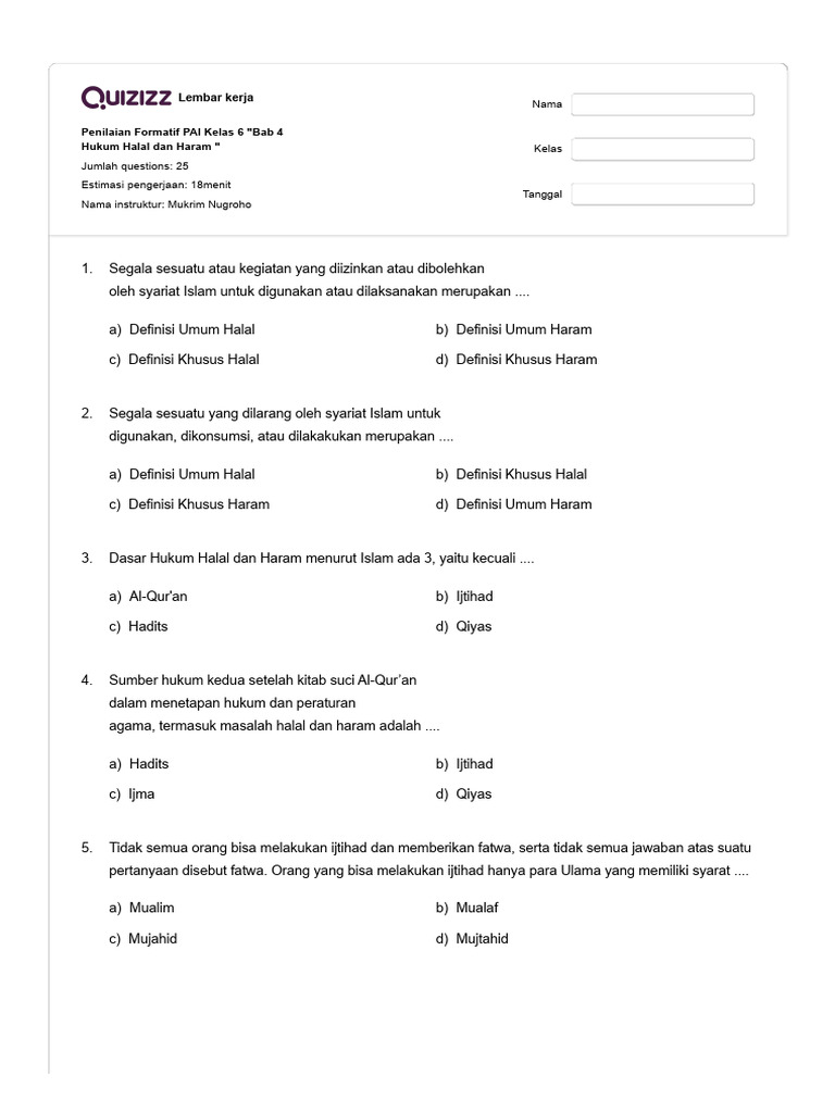 Penilaian Formatif PAI Kelas 6 - Bab 4 Hukum Halal Dan Haram | PDF