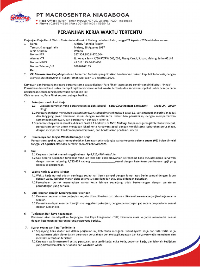 PKWT Agustus 2024-Alifiany Rahmita Pratiwi | PDF