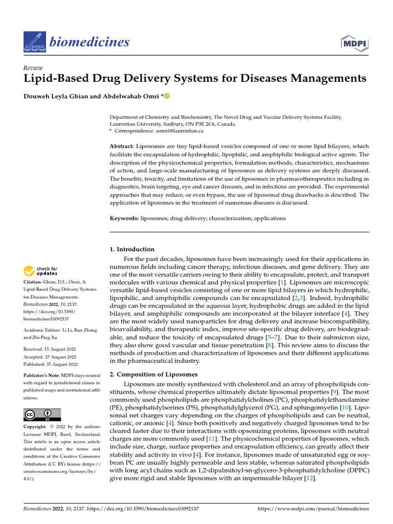 Lipid-Based Drug Delivery Systems For Diseases Man | PDF | Liposome ...
