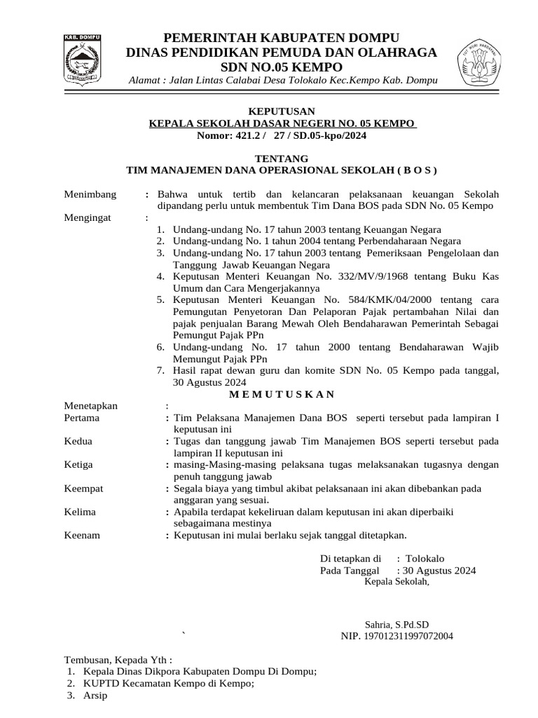 Tim BOS SDN No. 05 Kempo 2024 | PDF