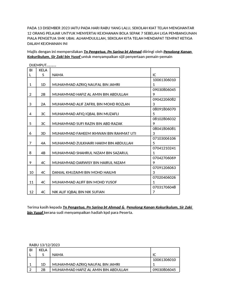 Pada 13 Disember 2023 Iaitu Pada Hari Rabu Yang Lalu | PDF