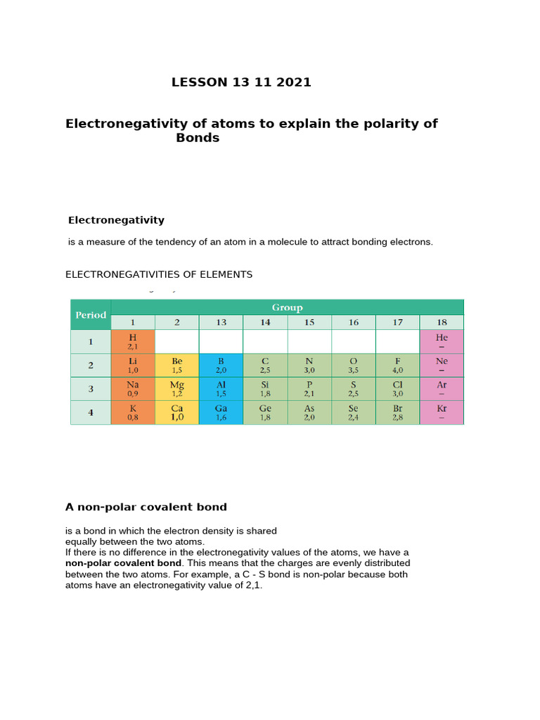 Lesson 14 Electronegativity 11 2021doc | PDF | Chemical Polarity | Chemical Bond