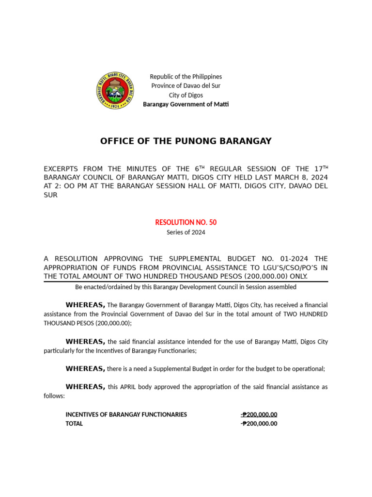 Supplemental Resolution From Province | PDF