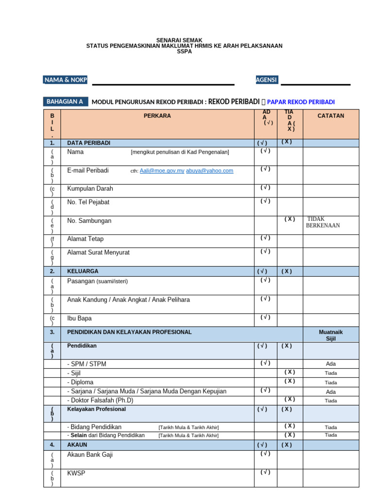 Borang Senarai Semak Status Pengemaskinian Maklumat HRMIS | PDF