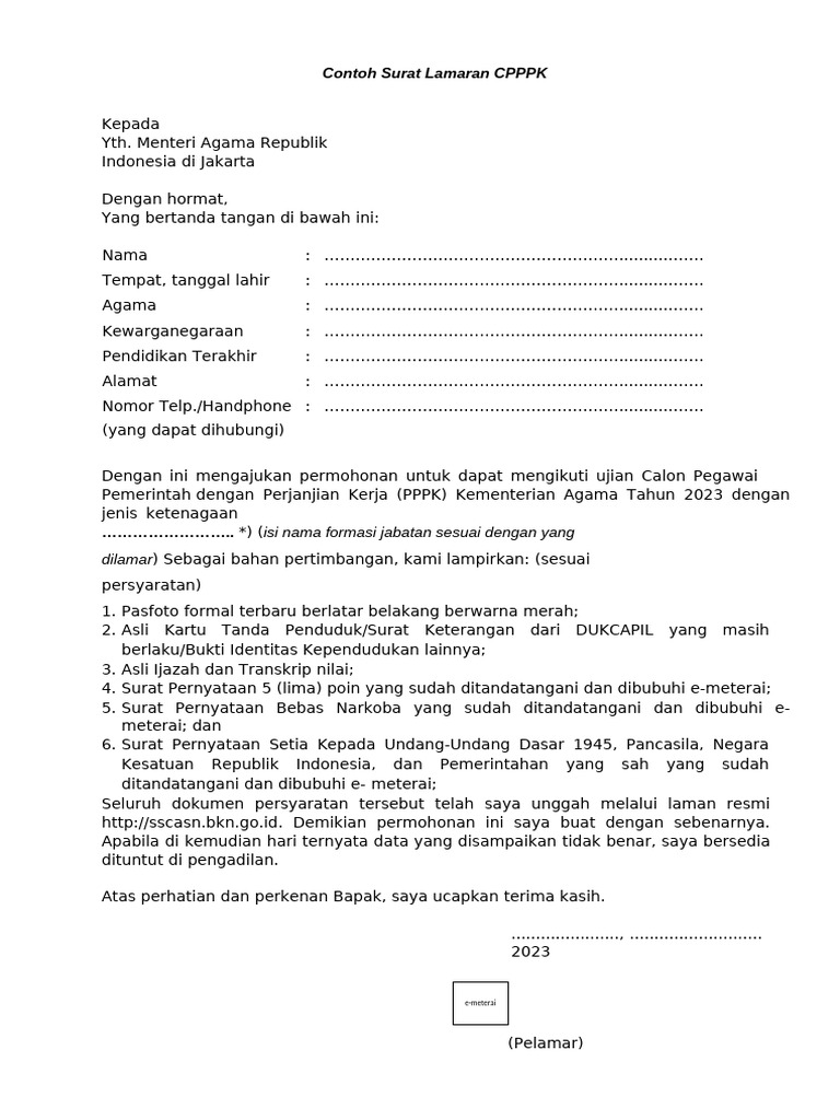 Contoh Surat Lamaran CPPPK 2023 | PDF | Politik | Ilmu Sosial