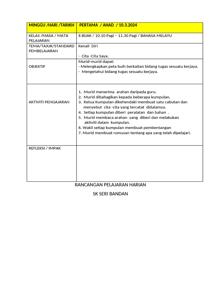 1 RPH Minggu Pertama 2024 Bahasa Melayu | PDF | Karier & Perkembangan