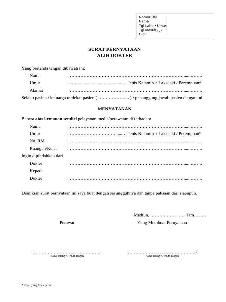 Surat Pernyataan Alih DPJP | PDF