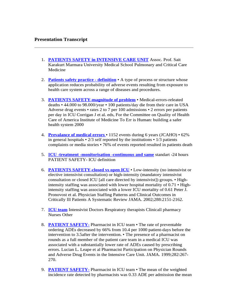 Patients Safety In Intensive Care Unit Pdf Intensive Care Medicine