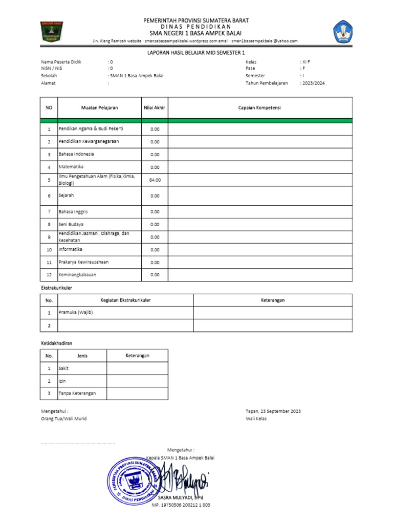 Contoh Rapor Mid Xi Ipa | PDF