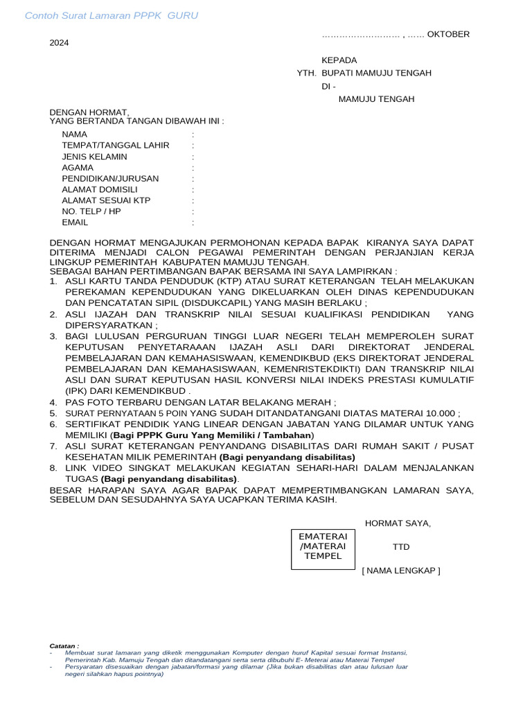 Contoh Surat Lamaran PPPK Mamuju Tengah 2024 | PDF