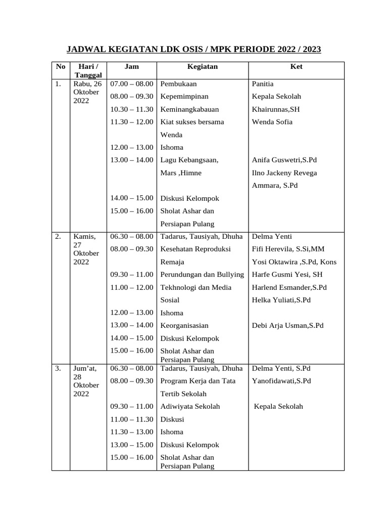 Jadwal Kegiatan LDK Osis | PDF